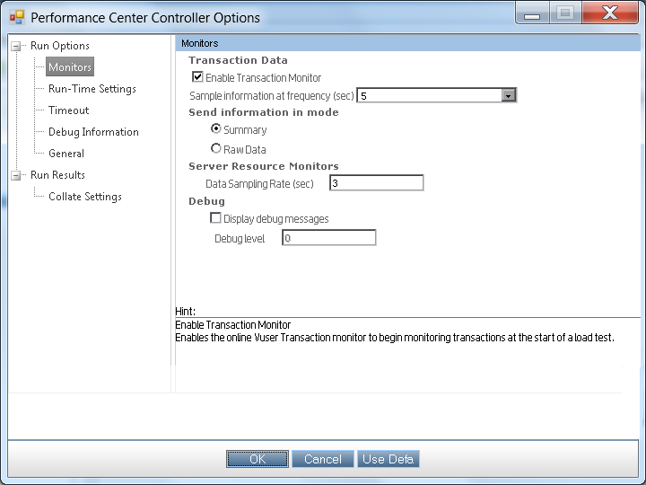 Performance Center Controller Options Dialog Box